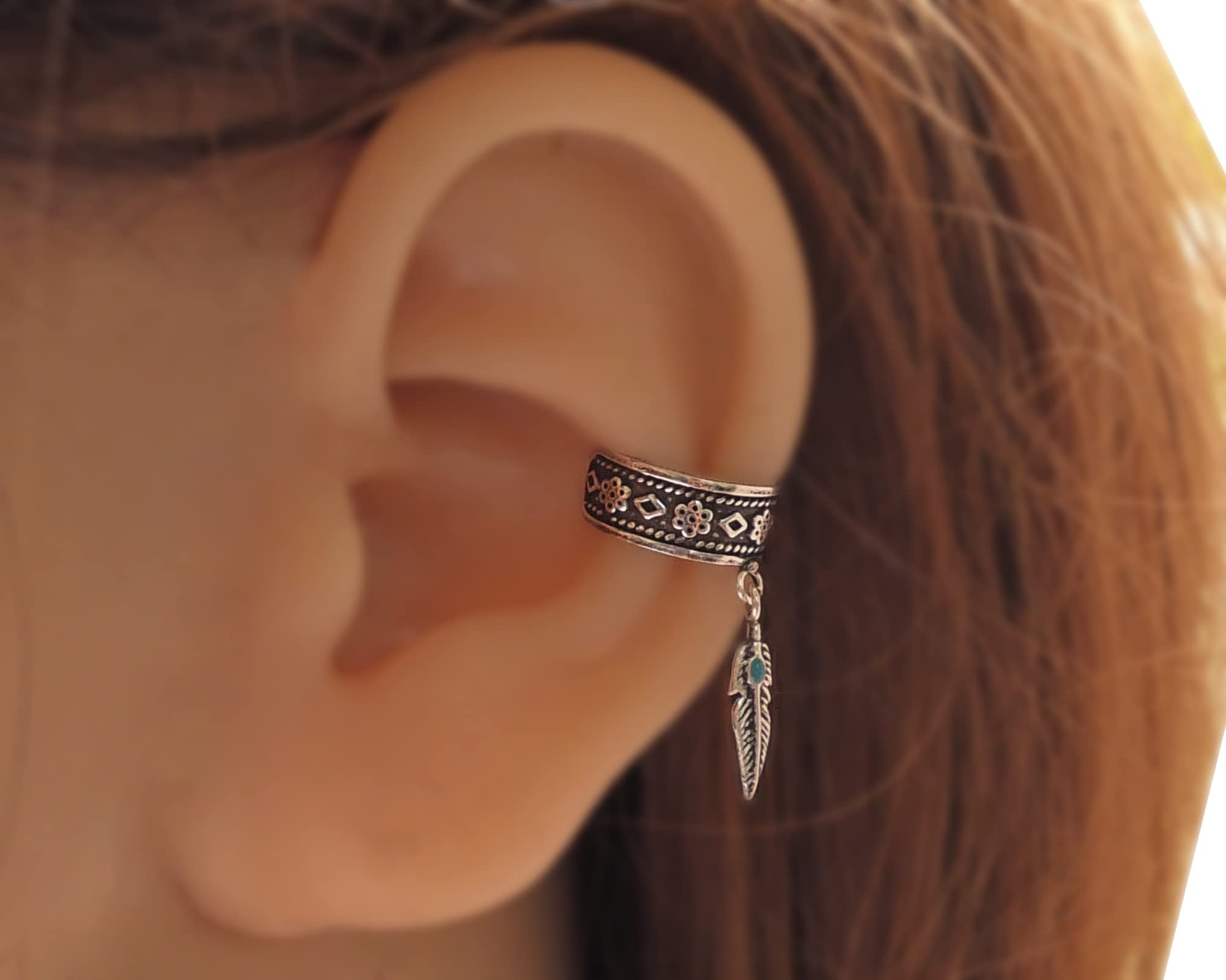 925 Sterling Silver SINGLE - For ONE Ear - Triple/Wide Band Feather Stone Ear Cuff for Non-Pierced Ear for Women | Handmade by MiYa Jewelry Creations (Wide Band and Feather)