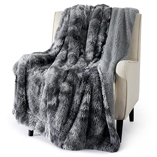 Bedsure Faux Fur Throw Blankets Tie-dye Throw & Bedsure 100% Cotton Muslin Blankets Grey Throw