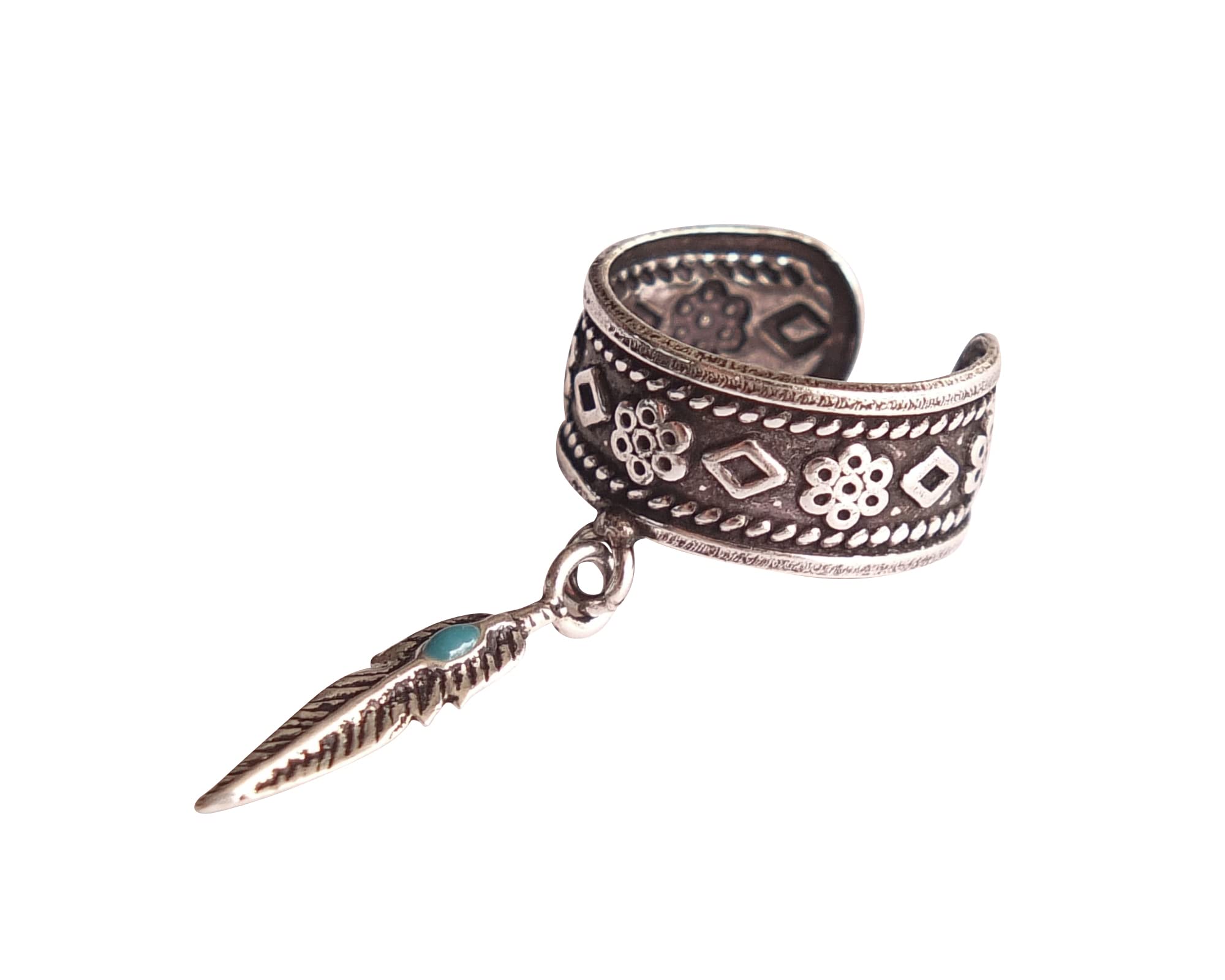 925 Sterling Silver SINGLE - For ONE Ear - Triple/Wide Band Feather Stone Ear Cuff for Non-Pierced Ear for Women | Handmade by MiYa Jewelry Creations (Wide Band and Feather)
