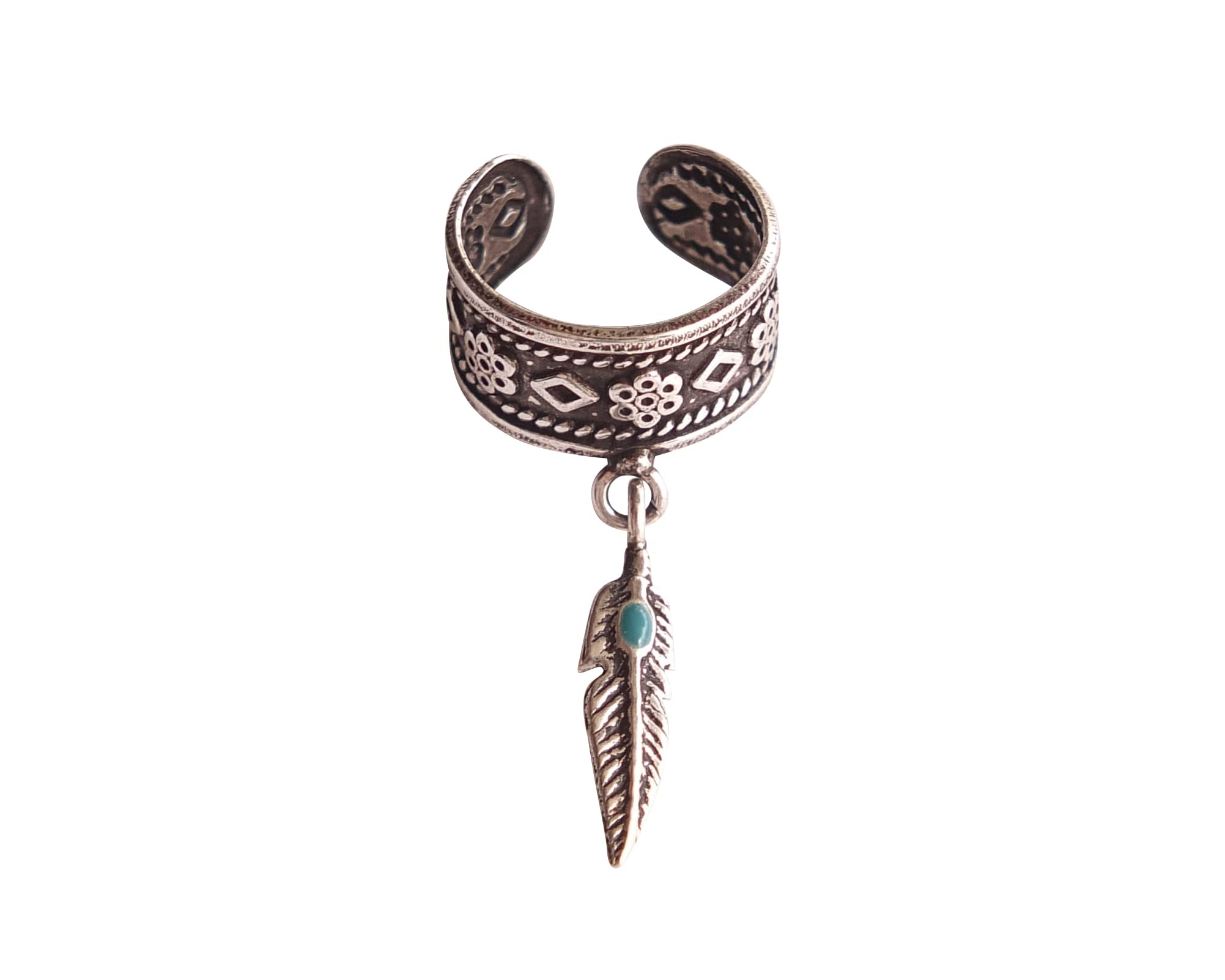 925 Sterling Silver SINGLE - For ONE Ear - Triple/Wide Band Feather Stone Ear Cuff for Non-Pierced Ear for Women | Handmade by MiYa Jewelry Creations (Wide Band and Feather)