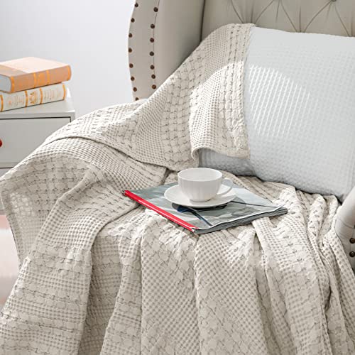 PHF 100% Cotton Waffle Weave Blanket King Size - Washed Soft Lightweight Blanket for All Season - Breathable and Skin-Friendly Blanket for Couch Bed Sofa 108"x90" - Light Khaki/Linen