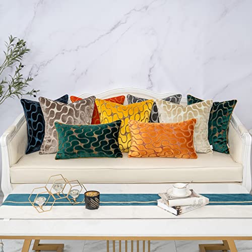 Yangest Burnt Orange Velvet Wave Lumbar Throw Pillow Cover Wavy Line Luxury Cushion Case Modern Zippered Rectangular Pillowcase for Sofa Couch Bedroom Living Room Home Decorative, 12x20 Inch