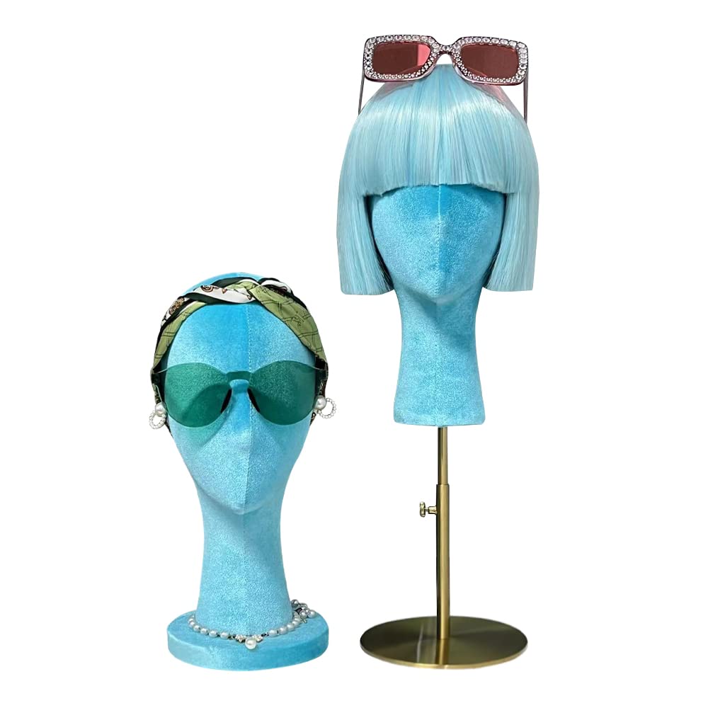Female Display Velvet Head Dress Form with Adjustable Golden Round Base,Fully Pinnable Head Can Wear Earring! Head for Hat Wig Jewelry Display,Clothing Fabric Head Model, Sky Blue 33cm