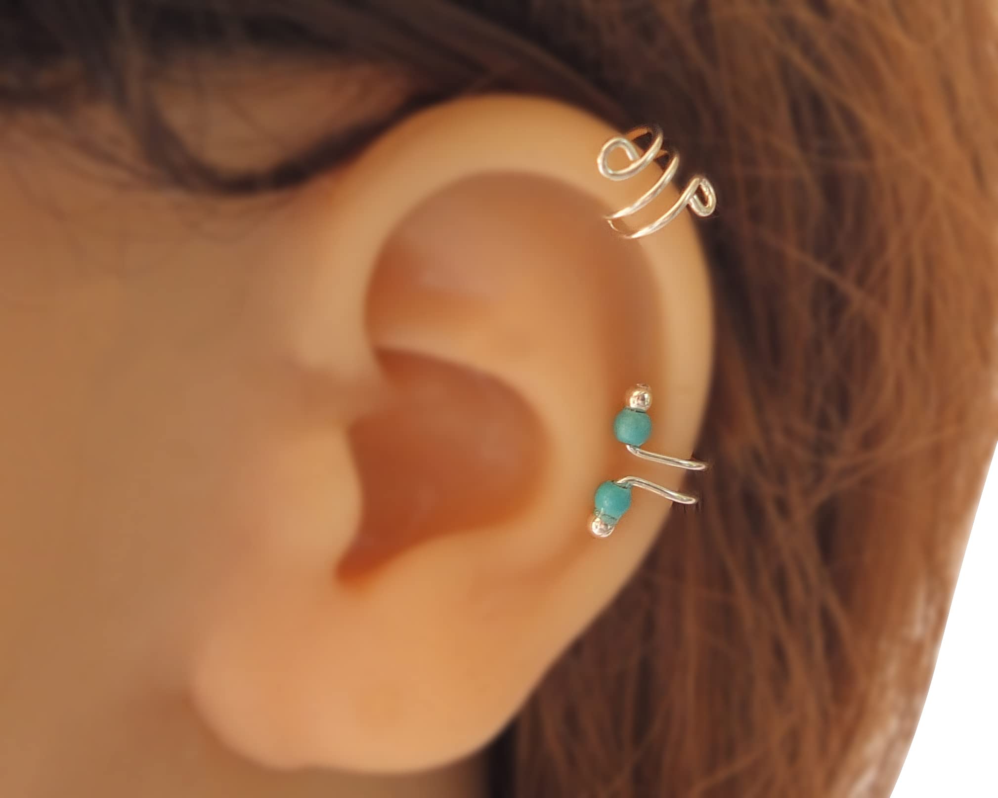 Handmade Silver Wire 2Pcs Adjustable Ear Swirl & Turquoise Ear Cuffs Non-Piercing Earring, 925 Sterling Silver, Fake Cartilage Helix Non-Pierced Ear Wrap Clip on for Women, By Miya Jewelry