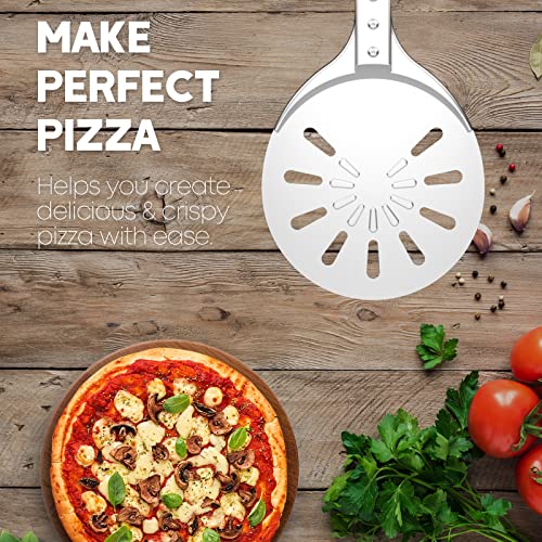 Pizza Turning Peel 8-inch Round Head Pizza Turner, Anodized Aluminum Perforated Pizza Peel Spinner with Long Handle, Pizza Oven Accessories