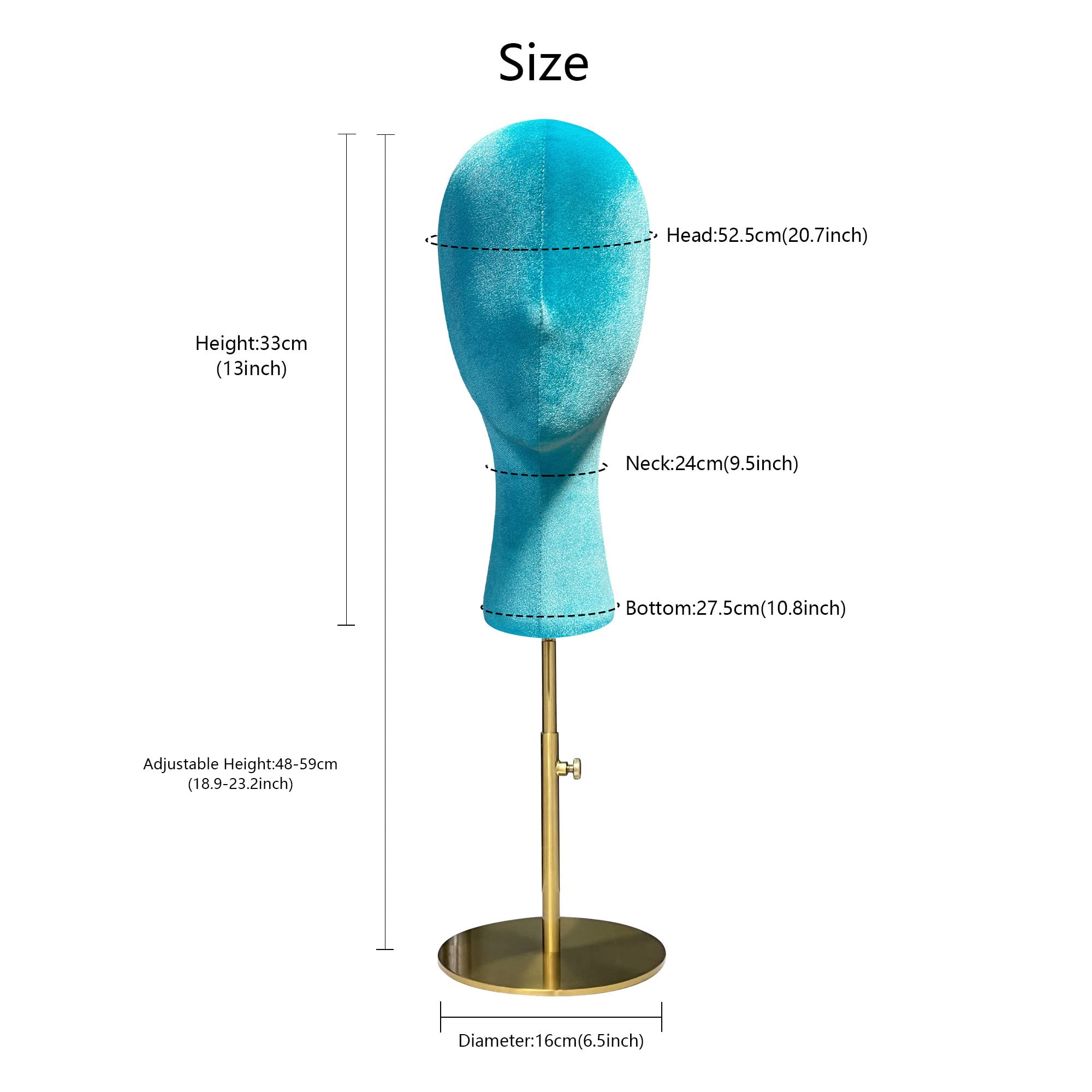 Female Display Velvet Head Dress Form with Adjustable Golden Round Base,Fully Pinnable Head Can Wear Earring! Head for Hat Wig Jewelry Display,Clothing Fabric Head Model, Sky Blue 33cm