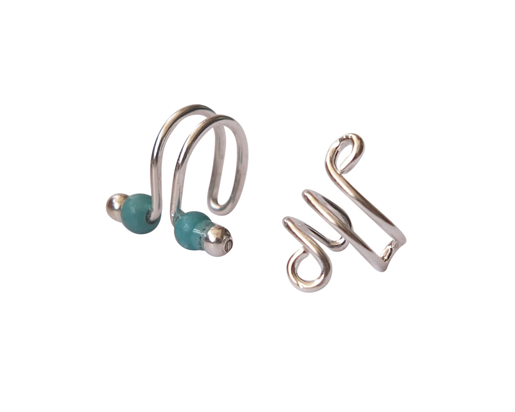 Handmade Silver Wire 2Pcs Adjustable Ear Swirl & Turquoise Ear Cuffs Non-Piercing Earring, 925 Sterling Silver, Fake Cartilage Helix Non-Pierced Ear Wrap Clip on for Women, By Miya Jewelry