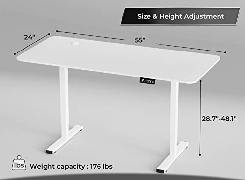 Furniwell Electric Height Adjustable Standing Desk Large Sit Stand up Desk Home Office Computer Desk 55 x 24 Inches Lift Table with T-Shaped Metal Bracket, White