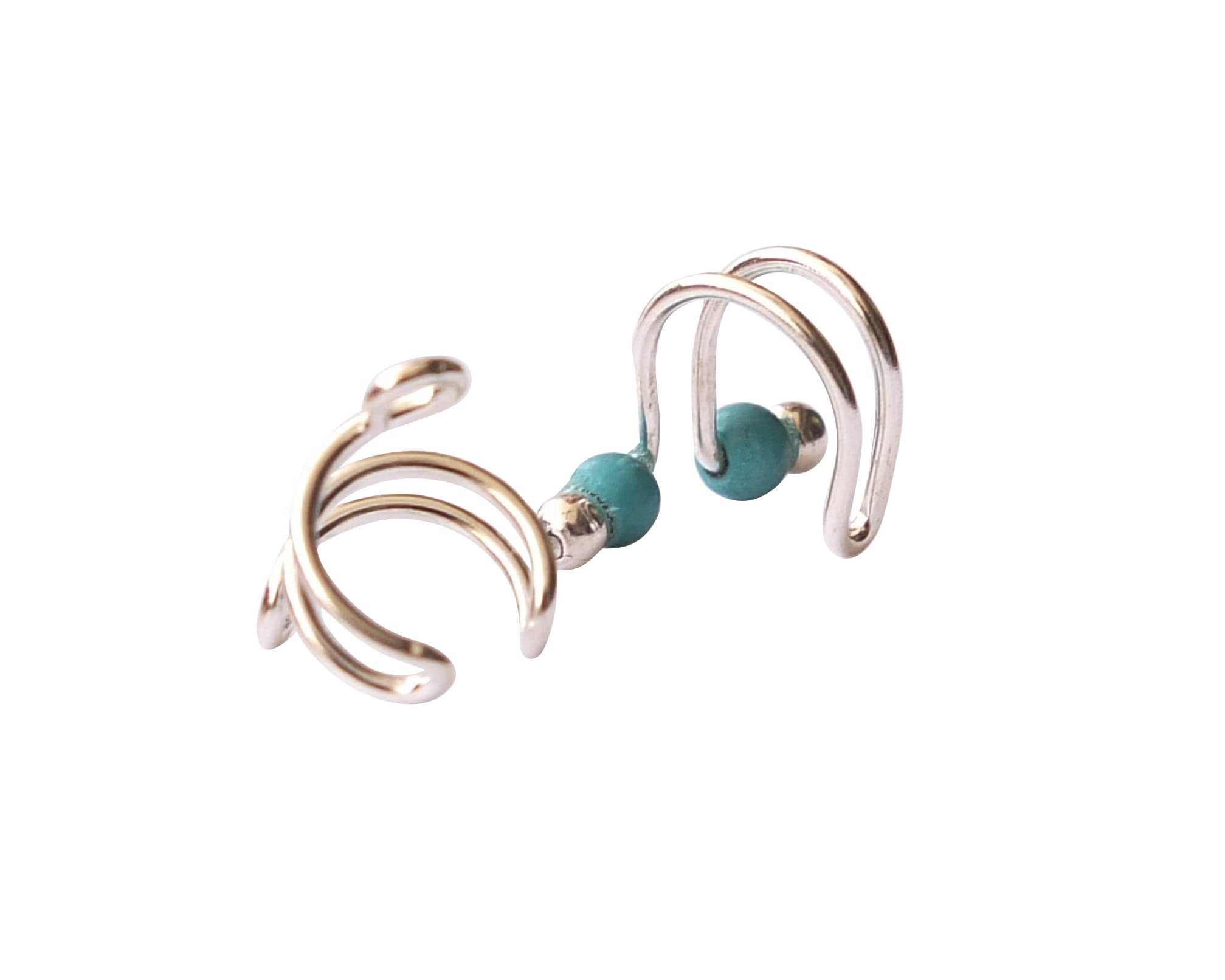 Handmade Silver Wire 2Pcs Adjustable Ear Swirl & Turquoise Ear Cuffs Non-Piercing Earring, 925 Sterling Silver, Fake Cartilage Helix Non-Pierced Ear Wrap Clip on for Women, By Miya Jewelry