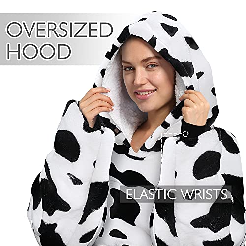 Catalonia Cow Print Full Body Blanket Hoodie Sweatshirt, Extra Long Oversized Comfortable Sherpa Lounging Pullover for Adults, Gift for Her