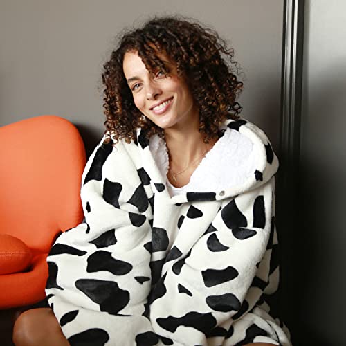 Catalonia Cow Print Full Body Blanket Hoodie Sweatshirt, Extra Long Oversized Comfortable Sherpa Lounging Pullover for Adults, Gift for Her