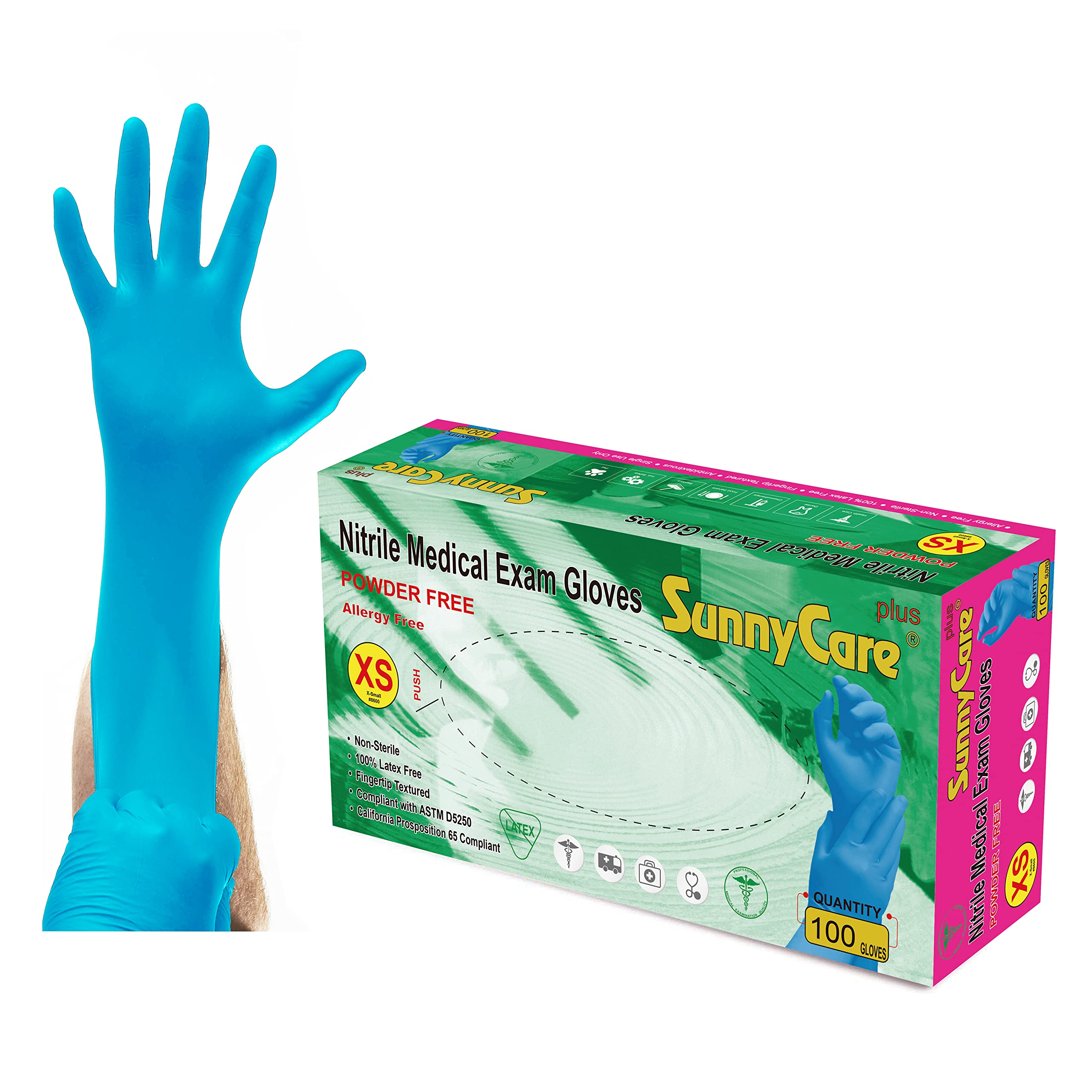 100Pcs #8600 SunnyCare 5.0mil Blue Nitrile Medical Exam Gloves Powder Free (Vinyl Latex Free) Size: X-Small