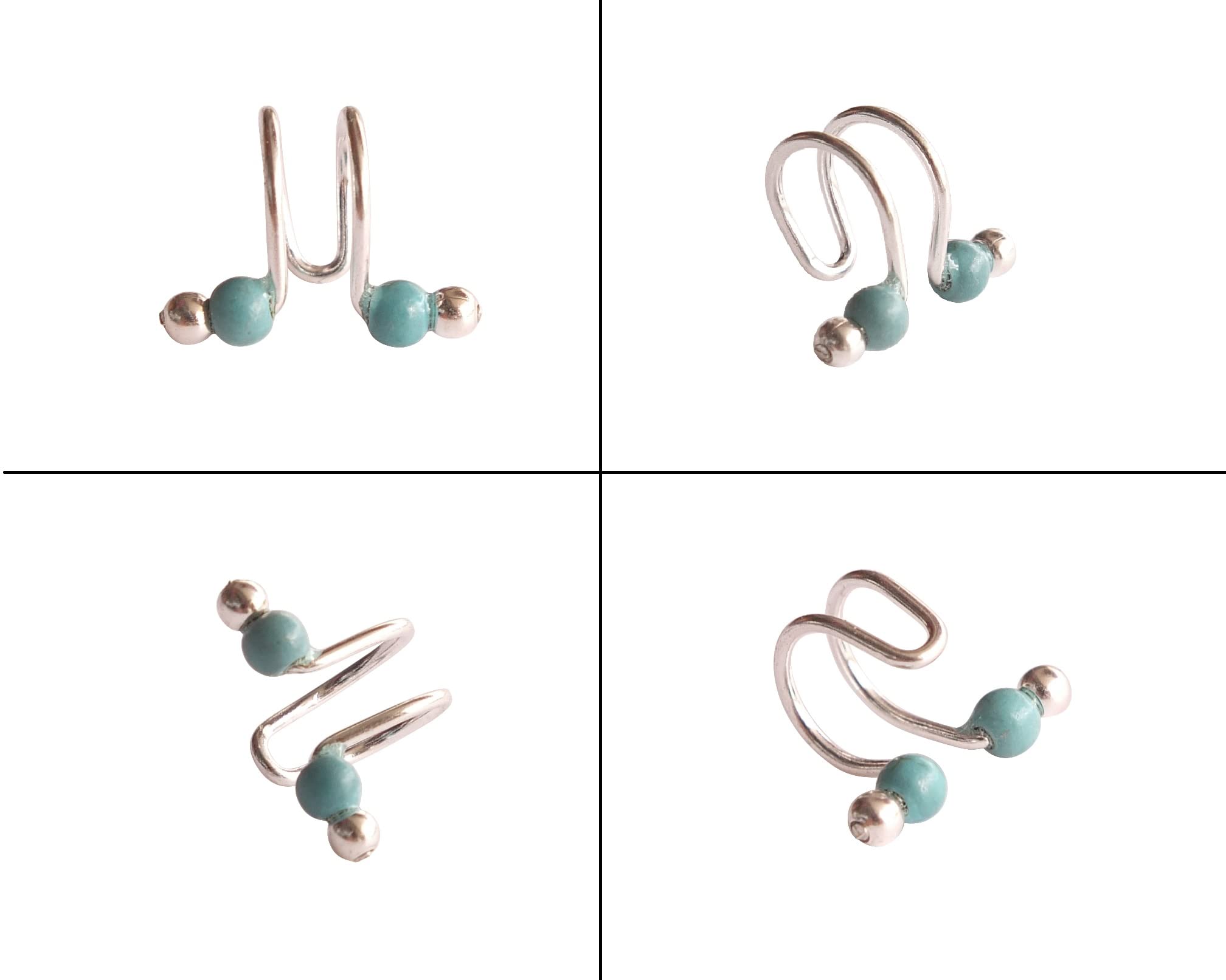 Handmade Silver Wire 2Pcs Adjustable Ear Swirl & Turquoise Ear Cuffs Non-Piercing Earring, 925 Sterling Silver, Fake Cartilage Helix Non-Pierced Ear Wrap Clip on for Women, By Miya Jewelry