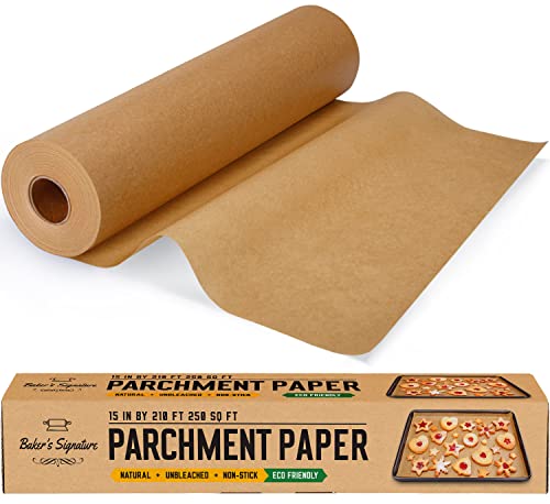 Unbleached Parchment Paper Roll 15 in x 210 ft 260 Sq.Ft Paper Baking Paper by Baker’s Signature | Silicone Coated – Will not Soak Through or Burn – Non-Toxic & Comes in Convenient Packaging