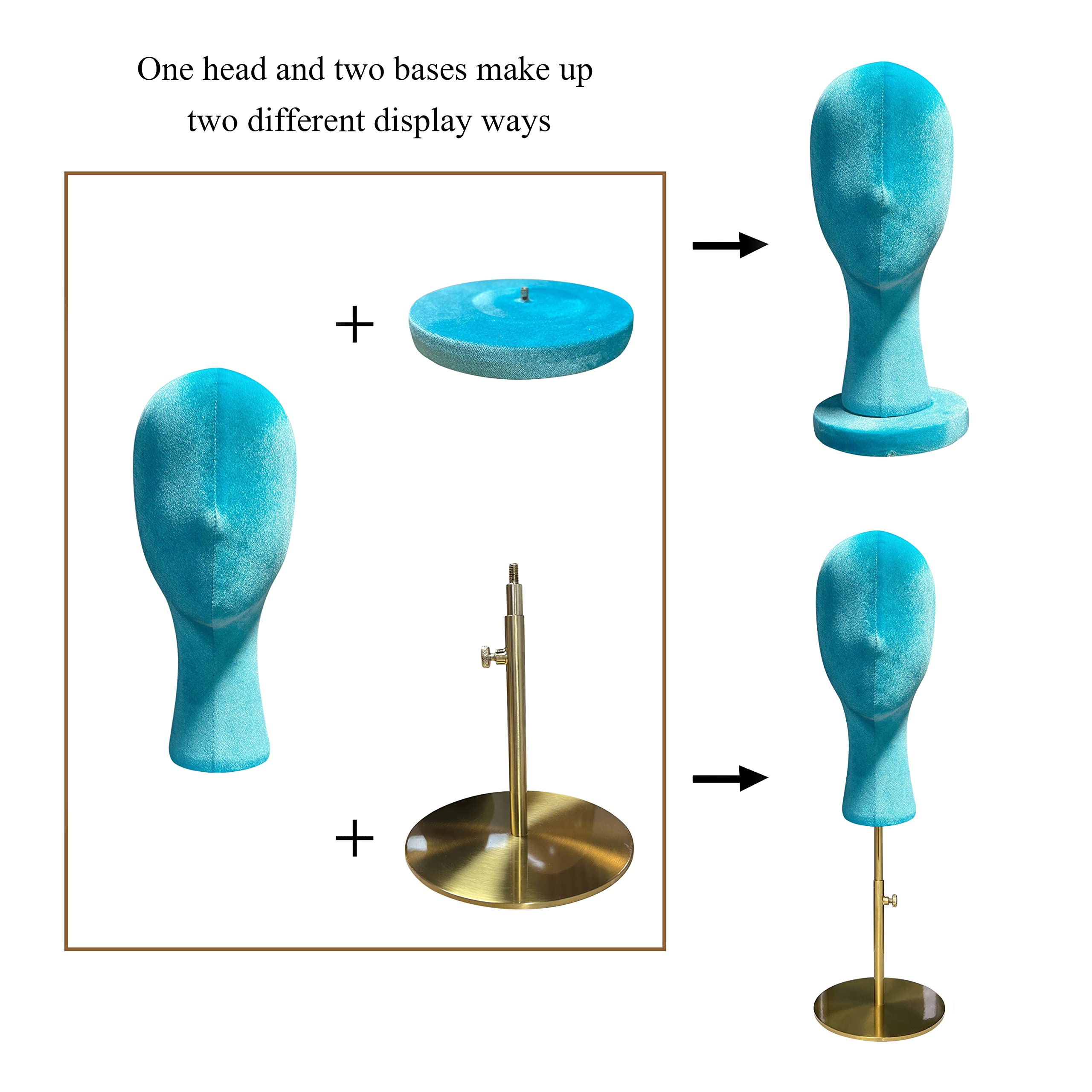 Female Display Velvet Head Dress Form with Adjustable Golden Round Base,Fully Pinnable Head Can Wear Earring! Head for Hat Wig Jewelry Display,Clothing Fabric Head Model, Sky Blue 33cm