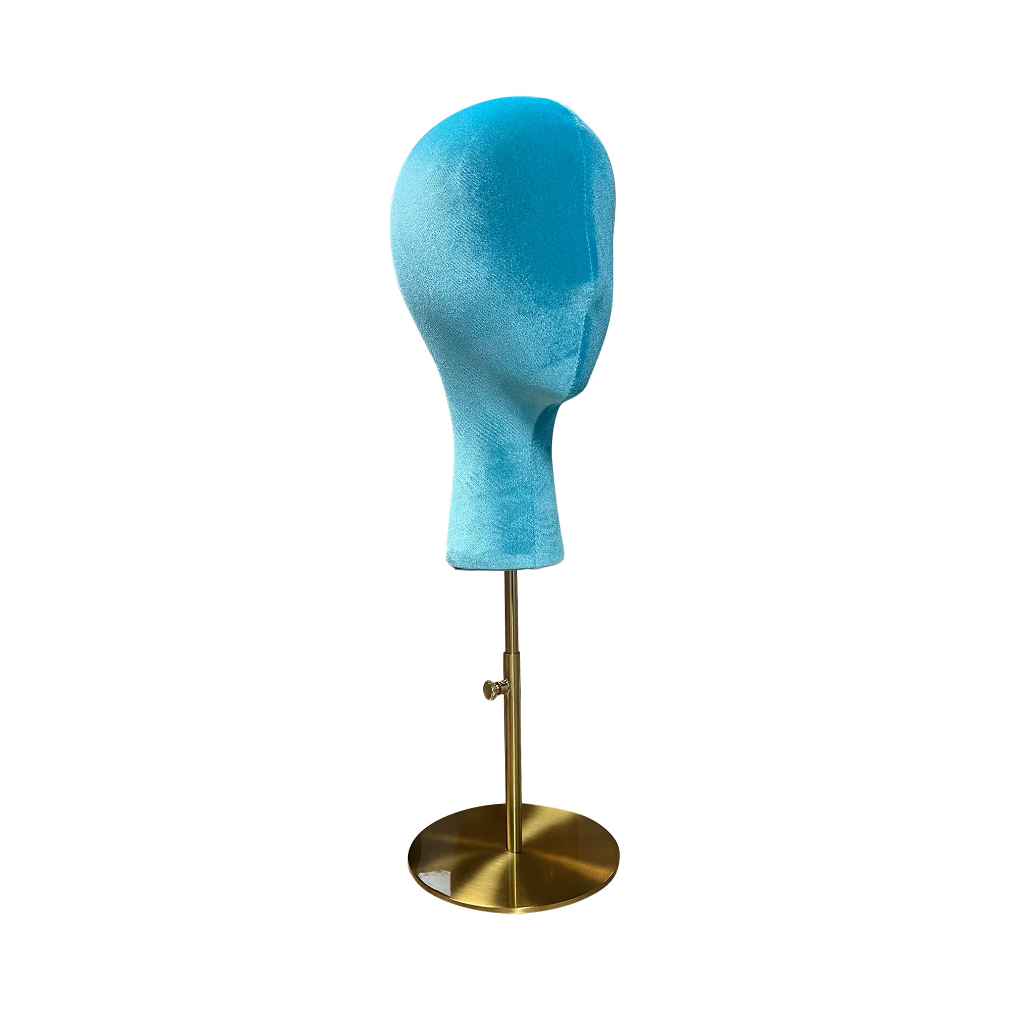Female Display Velvet Head Dress Form with Adjustable Golden Round Base,Fully Pinnable Head Can Wear Earring! Head for Hat Wig Jewelry Display,Clothing Fabric Head Model, Sky Blue 33cm