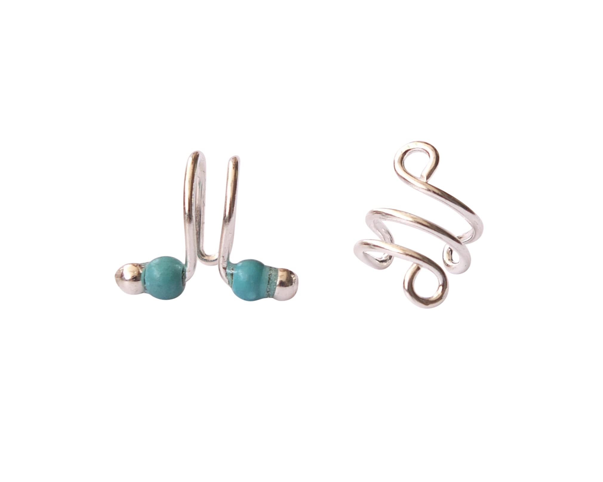Handmade Silver Wire 2Pcs Adjustable Ear Swirl & Turquoise Ear Cuffs Non-Piercing Earring, 925 Sterling Silver, Fake Cartilage Helix Non-Pierced Ear Wrap Clip on for Women, By Miya Jewelry
