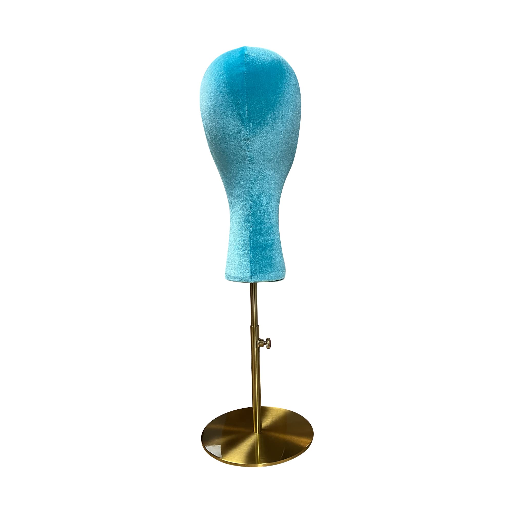 Female Display Velvet Head Dress Form with Adjustable Golden Round Base,Fully Pinnable Head Can Wear Earring! Head for Hat Wig Jewelry Display,Clothing Fabric Head Model, Sky Blue 33cm