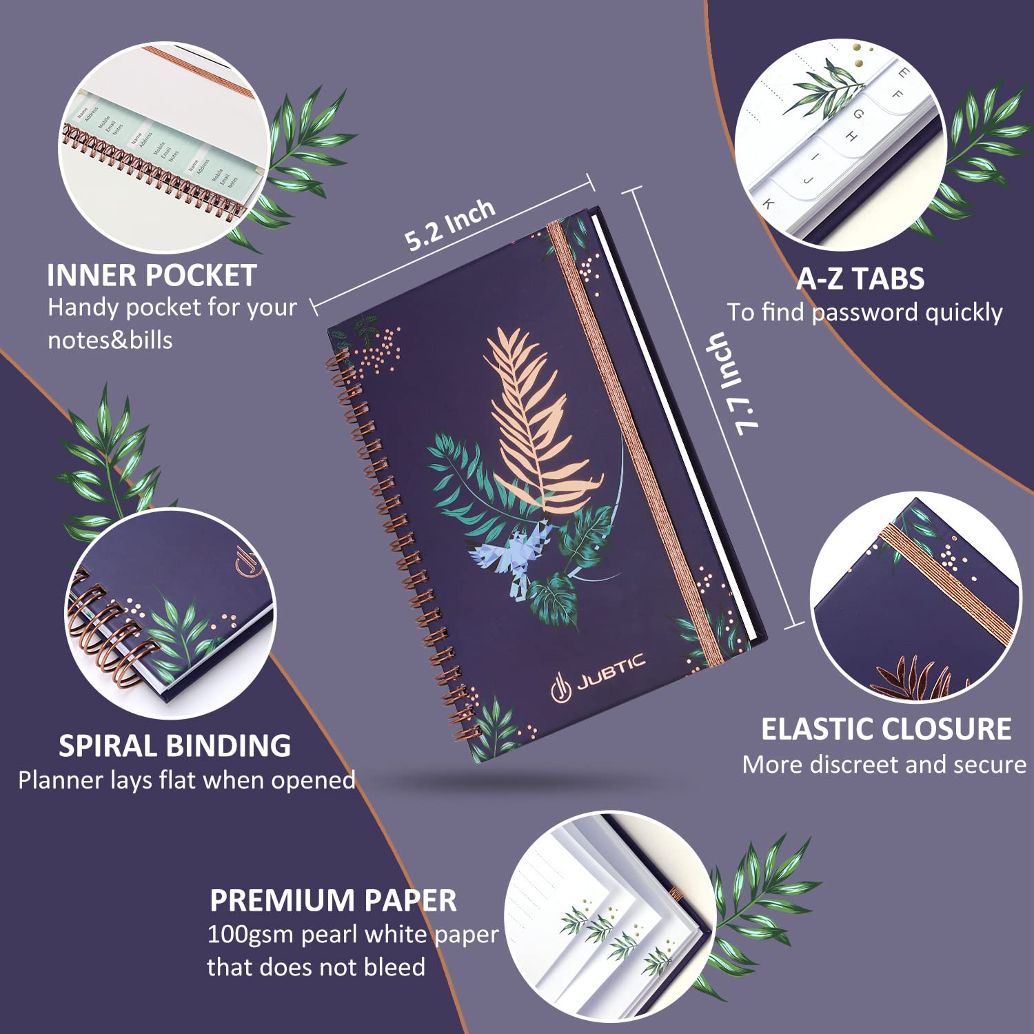 JUBTIC Hardcover Address Book with Alphabetical Tabs, Spiral Bound Address Book with Refillable Pages Medium Telephone book incl. Address, Password, Contact, Tel, Email, Important Date for Home Office