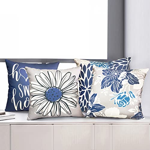 RYSMIYOU Decorative Throw Pillow Covers Set of 4 Blue Pillow Covers 18x18 inch Throw Pillow Cases Linen Square Pillow Case,Farmhouse Outdoor Modern Boho Pillow Covers for Couch Sofa Living Room