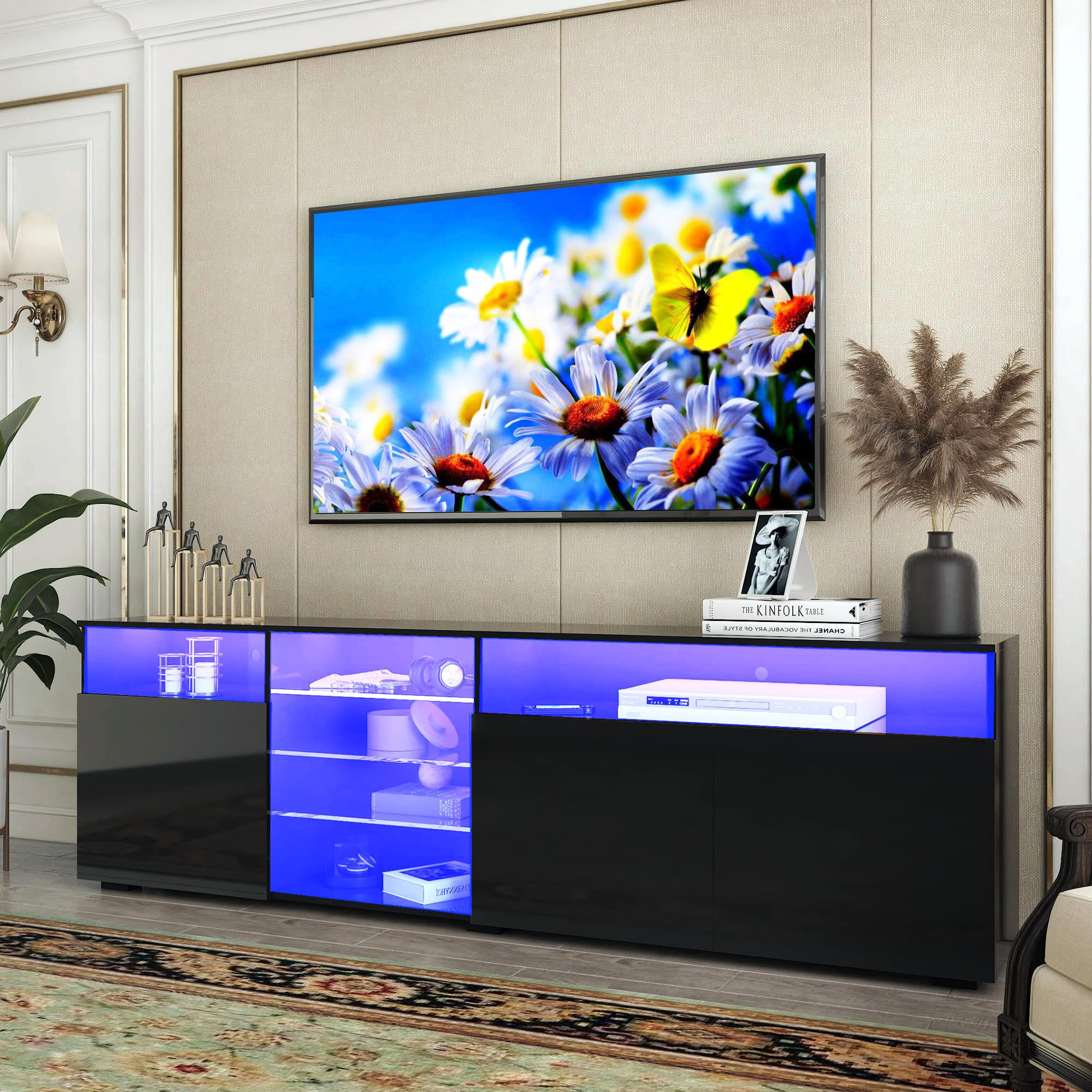 Vinctik 6&Fox High Glossy LED TV Stand for 65 inch TV,Modern White Entertainment Center/White TV Stand with Adjustable Storage Shelf,RGB LED 20 Color Lighting,Smart Modern TV Cabinet(63inch, Black)