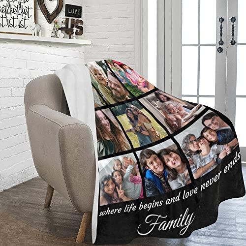HUGLAZY Customizable Blanket for Family 9 Photos Customized Blankets with Photos Text Personalized Picture Collages Throw Blankets Gift for Women Valentines Day Decor Souvenirs Birthday