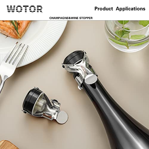 WOTOR Champagne&Wine Bottle Stoppers Stainless Steel with Food Grade Silicone, Leak Proof Keep Fresh Reusable Saver, Cork Suitable for Wine, Champagne, Cava, Prosecco and Sparkling (2 Pack Silver)