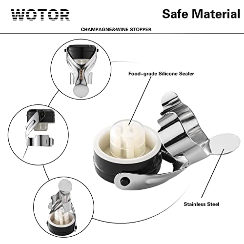 WOTOR Champagne&Wine Bottle Stoppers Stainless Steel with Food Grade Silicone, Leak Proof Keep Fresh Reusable Saver, Cork Suitable for Wine, Champagne, Cava, Prosecco and Sparkling (2 Pack Silver)
