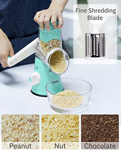 X Home Rotary Cheese Grater Kitchen Mandoline Vegetables Slicer Cheese Shredder with Rubber Suction Base, 3 Stainless Drum Blades Included, Easy to Use and Clean,Blue