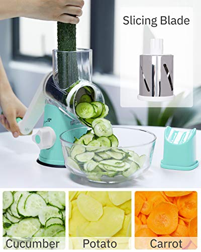 X Home Rotary Cheese Grater Kitchen Mandoline Vegetables Slicer Cheese Shredder with Rubber Suction Base, 3 Stainless Drum Blades Included, Easy to Use and Clean,Blue