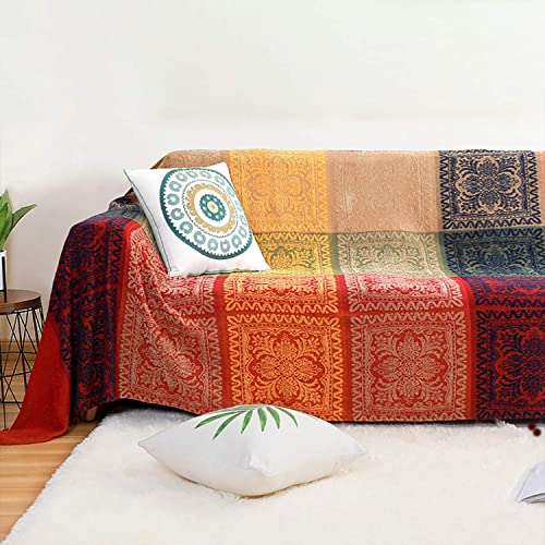 FinalNest Bohemian Tribal Throws Blankets Reversible Colorful Red Blue Boho Hippie Chenille Jacquard Fabric Throw Covers Large Couch Furniture Sofa Chair Loveseat Recliner Oversized (Red,S:75x60)