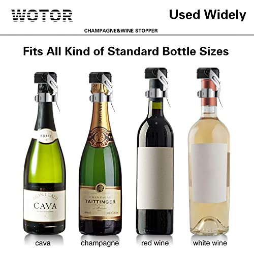 WOTOR Champagne&Wine Bottle Stoppers Stainless Steel with Food Grade Silicone, Leak Proof Keep Fresh Reusable Saver, Cork Suitable for Wine, Champagne, Cava, Prosecco and Sparkling (2 Pack Silver)