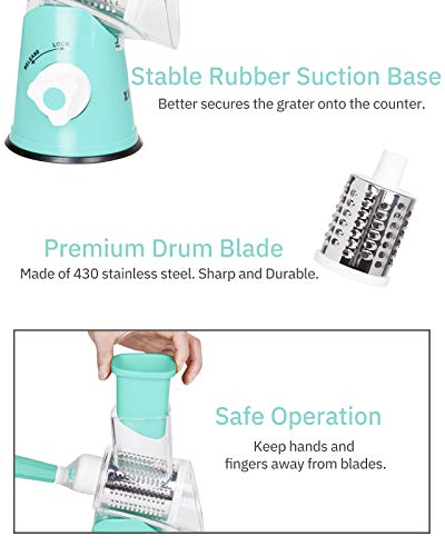 X Home Rotary Cheese Grater Kitchen Mandoline Vegetables Slicer Cheese Shredder with Rubber Suction Base, 3 Stainless Drum Blades Included, Easy to Use and Clean,Blue