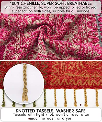 FinalNest Bohemian Tribal Throws Blankets Reversible Colorful Red Blue Boho Hippie Chenille Jacquard Fabric Throw Covers Large Couch Furniture Sofa Chair Loveseat Recliner Oversized (Red,S:75x60)