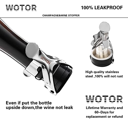 WOTOR Champagne&Wine Bottle Stoppers Stainless Steel with Food Grade Silicone, Leak Proof Keep Fresh Reusable Saver, Cork Suitable for Wine, Champagne, Cava, Prosecco and Sparkling (2 Pack Silver)