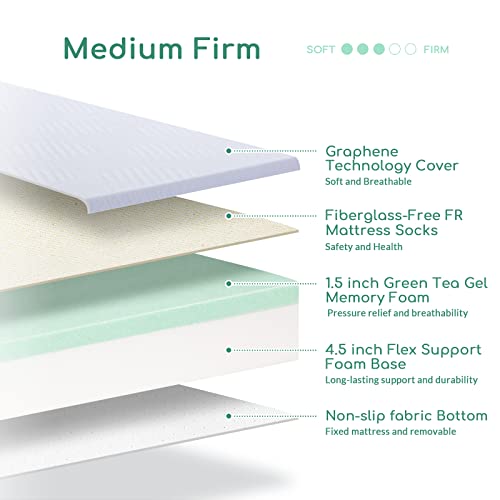 Airdown Full Mattress, 6 Inch Memory Foam Mattress in a Box for Kids, Medium Firm Green Tea Gel Mattress Full Size for Bunk Bed, Trundle Bed, Guest Room White
