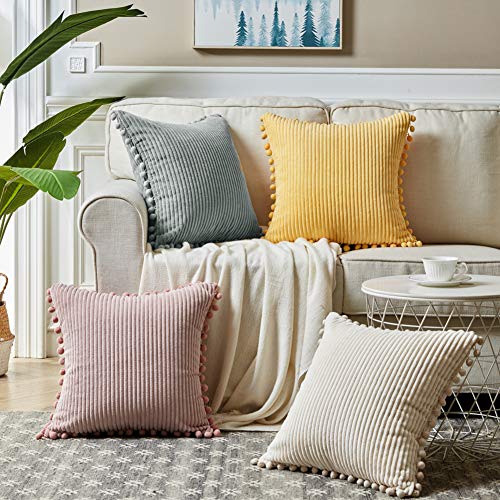 Fancy Homi Pack of 2 Boho Decorative Throw Pillow Covers with Pom-poms, Soft Corduroy Accent Solid Square Cushion Case Set for Couch Sofa Bedroom Car Living Room (18x18 Inch/45x45 cm, Cream)
