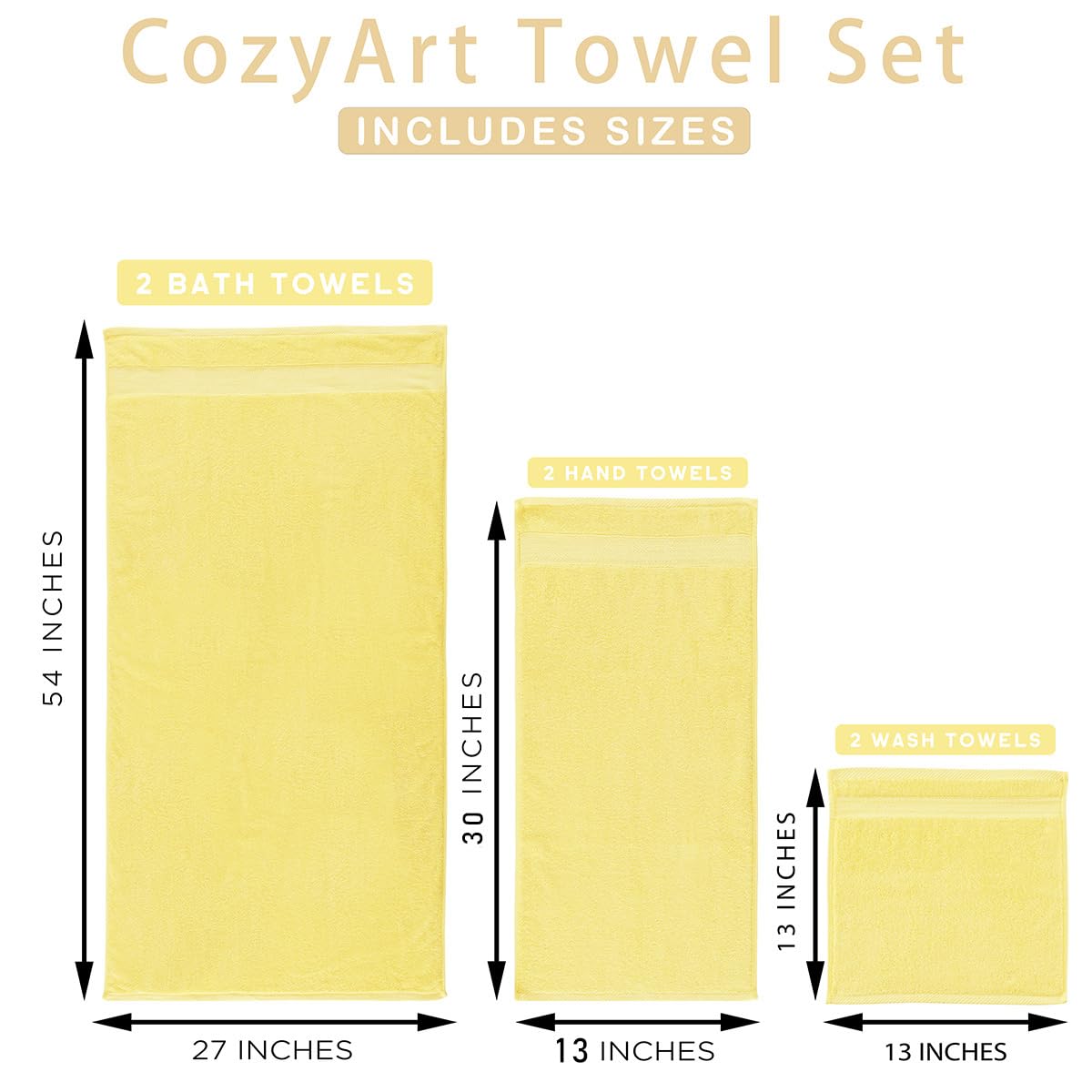COZYART Light Yellow Luxury Bath Towel Set, Turkish Cotton Hotel Towel Bulk for Bathroom, Thick Bathroom Set of 6 Pcs with 2 Large Bath Towels, 2 Hand Towels, 2 Washcloths, 650 GSM.
