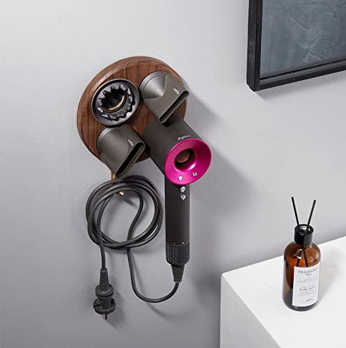 SimLiTa Wood Wall Mount Holder for Dyson Hair Dryer, Wood + Strainless Still Magnetic Wall Bracket Frame for Dyson Supersonic Hair Dryer. (Walnut)