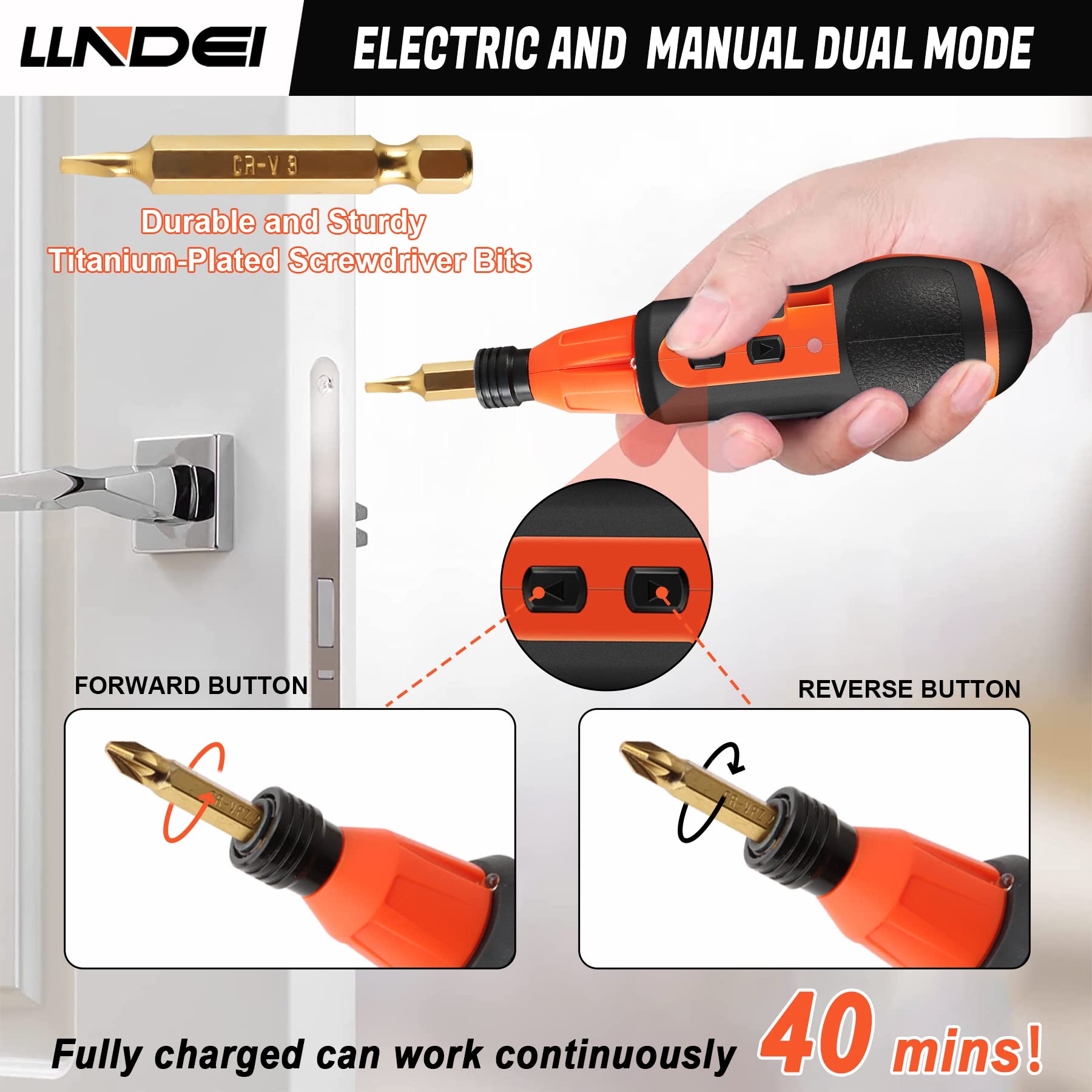 LLNDEI Electric Screwdriver Cordless 4V Electric Manual 2-in-1 Screwdriver Set, Includes Titanium-Plated Bits&Precision Screwdriver Bits&Bit Holder and Storage Box for Household&DIY&Gift for Men Women