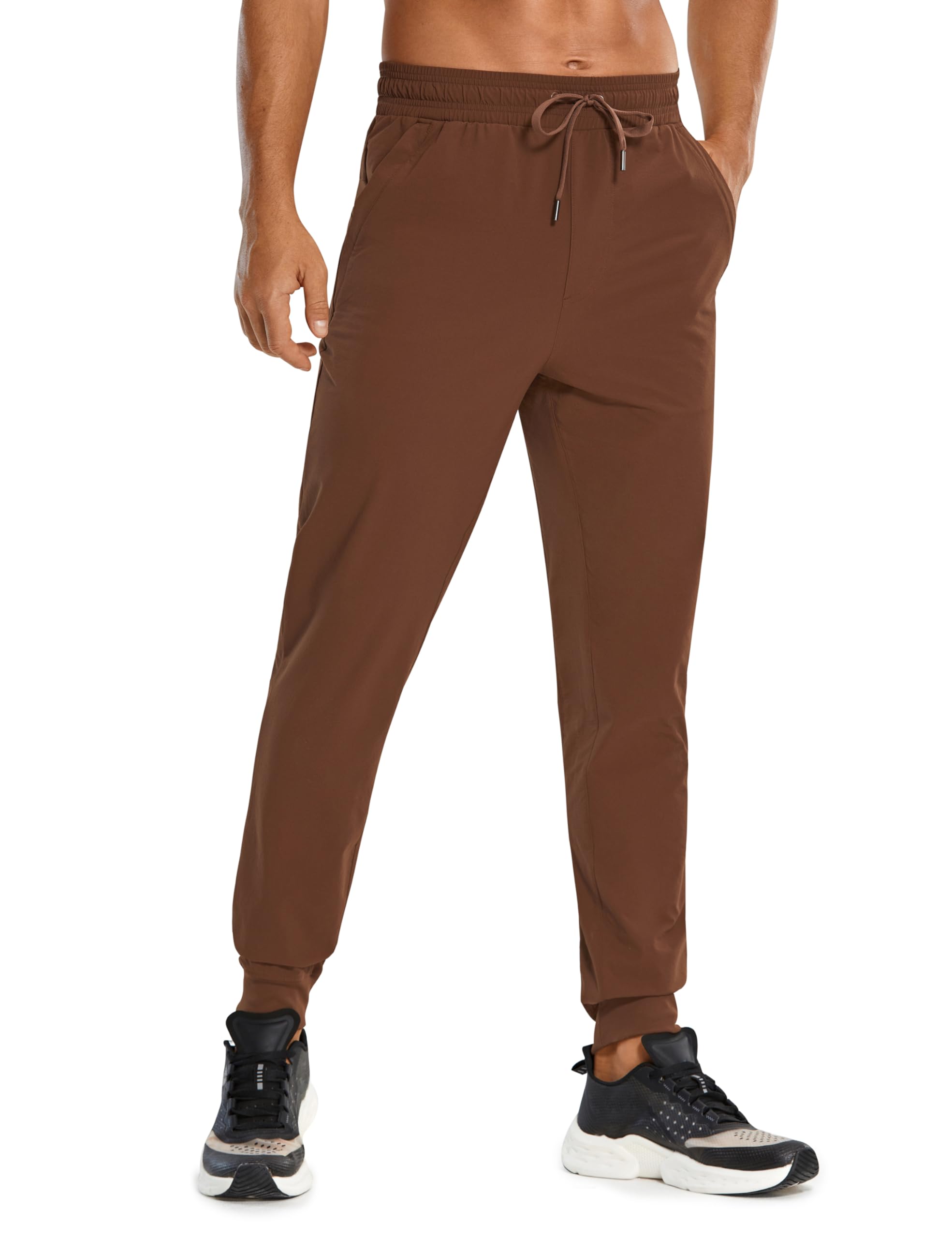 CRZ YOGA Athletic Joggers for Men 29" Lightweight Water Resistant Outdoor Workout Pants with Zip Pockets Dark Brown Large