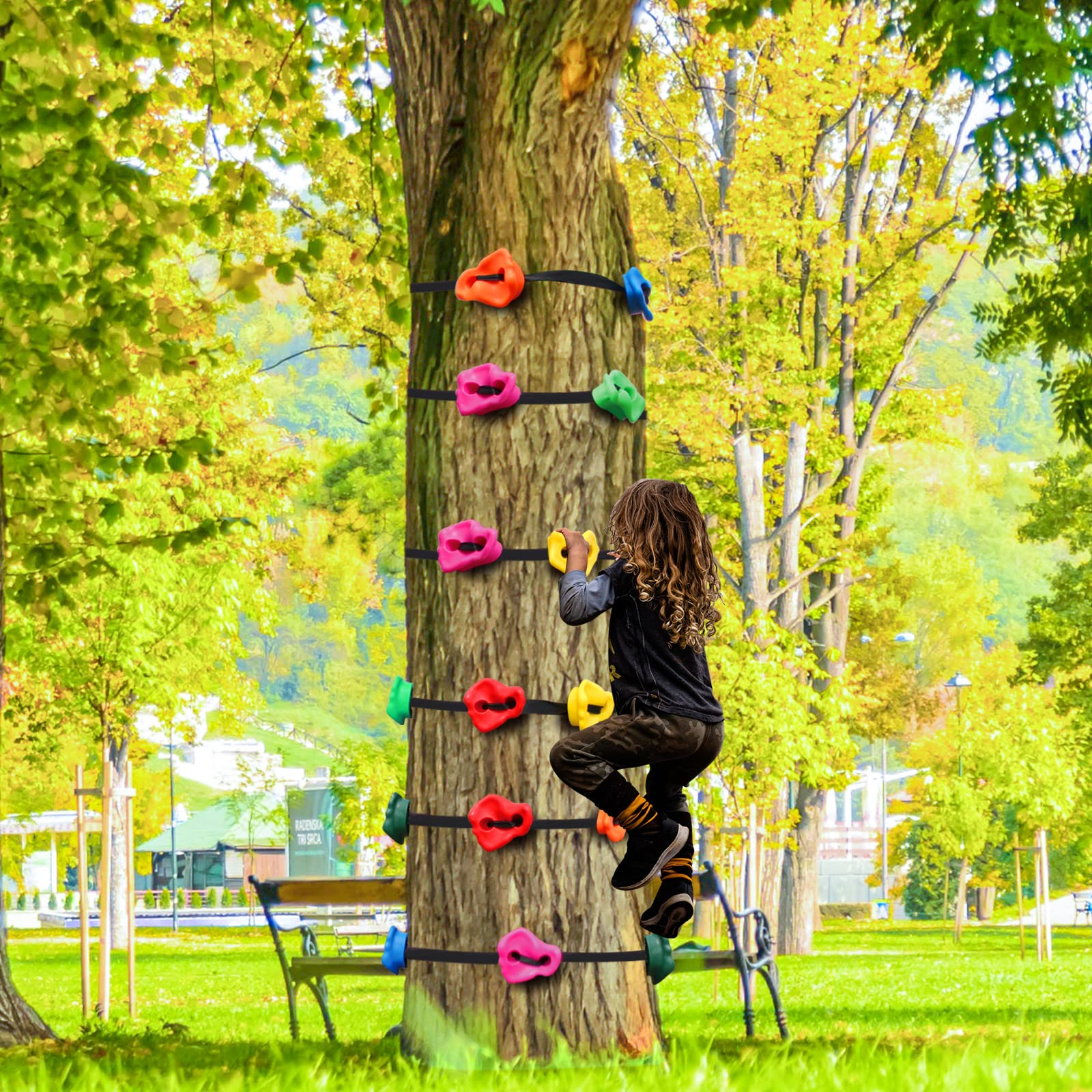 Just.smile Climbing Hold for Kids Outdoor-Ninja Tree Climbing Rocks 15 Pcs with 6 Ratchets-Climbing Grip Kits for Ninja Warrior Obstacle Course