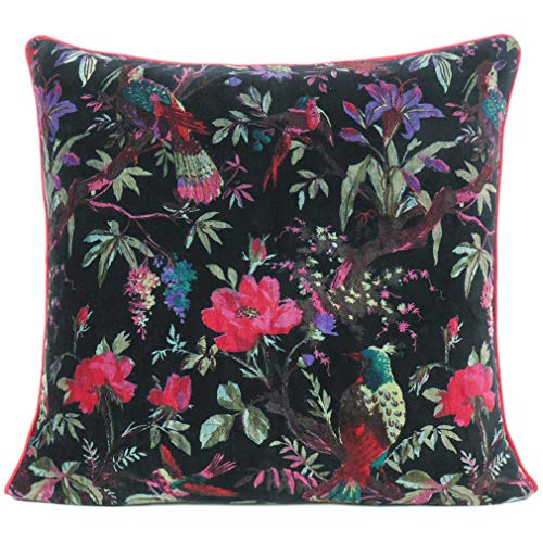 Eyes of India Boho Velvet Bird Print Throw Pillow Cover, Colorful Decorative Floral Accent Bohemian Cushion Case for Sofa Couch Bedroom Living Room, 20x20 inch (50x50 cm), Black