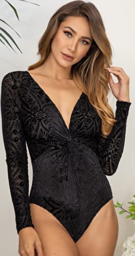Avery Rose - Dominique Sexy Long-Sleeved Black Burnout Velvet Twisted V-Neck Bodysuit (Small), Made in USA