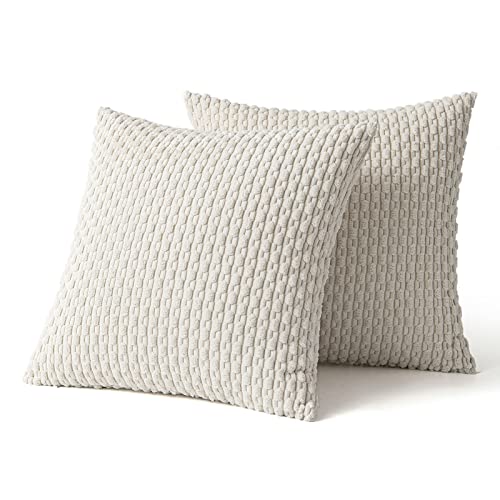 MIULEE Throw Pillow Covers Soft Corduroy Decorative Set of 2 Boho Striped Pillow Covers Pillowcases Farmhouse Home Decor for Couch Bed Sofa Living Room 18x18 Inch Cream White