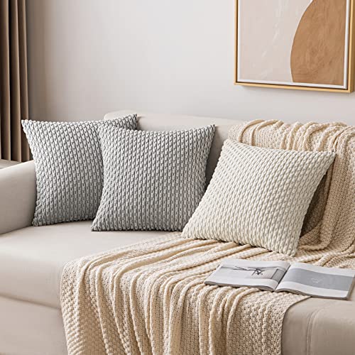 MIULEE Throw Pillow Covers Soft Corduroy Decorative Set of 2 Boho Striped Pillow Covers Pillowcases Farmhouse Home Decor for Couch Bed Sofa Living Room 18x18 Inch Cream White