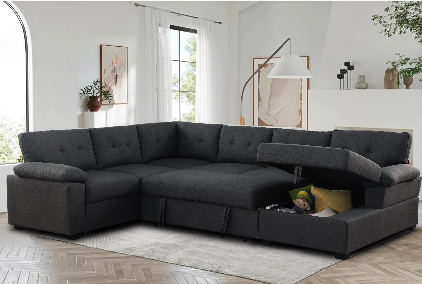 Sleeper Sofa Couch Bed with Pull Out Couch Living Room Set Sectional Sleeper Sofa with Storage Chaise Modular Couch Fabric Sofa Bed in Dark Grey