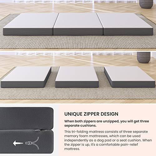 BedStory Folding Mattress with Carry Bag, Tri Fold Memory Foam Foldable Mattress with Washable Cover Non-Slip Bottom, Trifold Mattress Topper for Floor RV, CertiPUR-US Certified, Queen Size 4 Inch