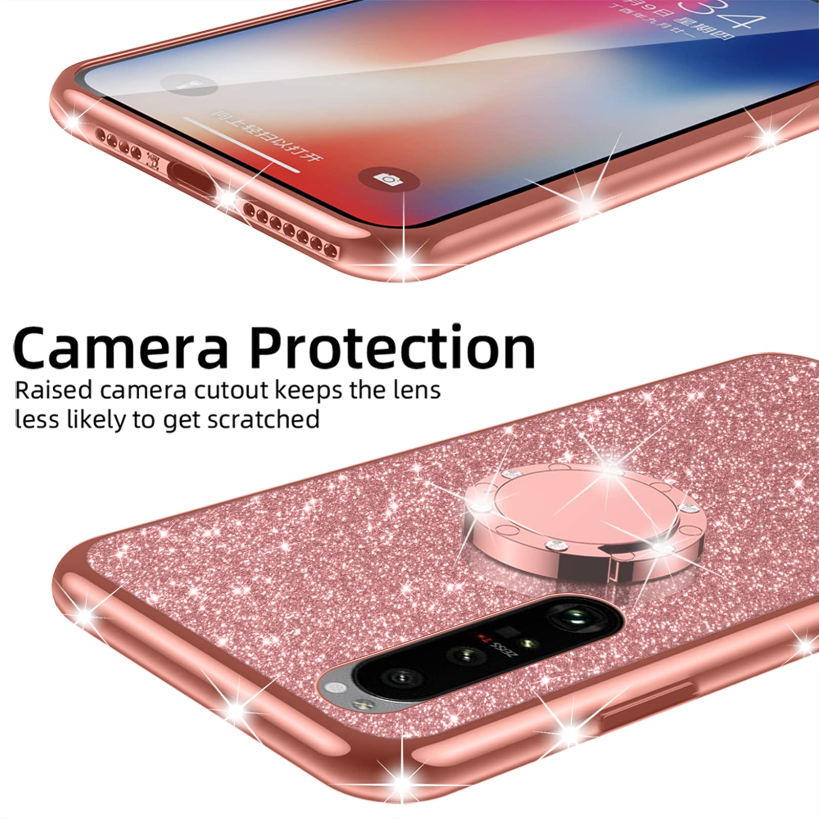 nancheng for Sony Xperia 1 III Phone Case (2021) with Ring Kickstand Lanyard Shockproof Protection Cover - Rose Gold