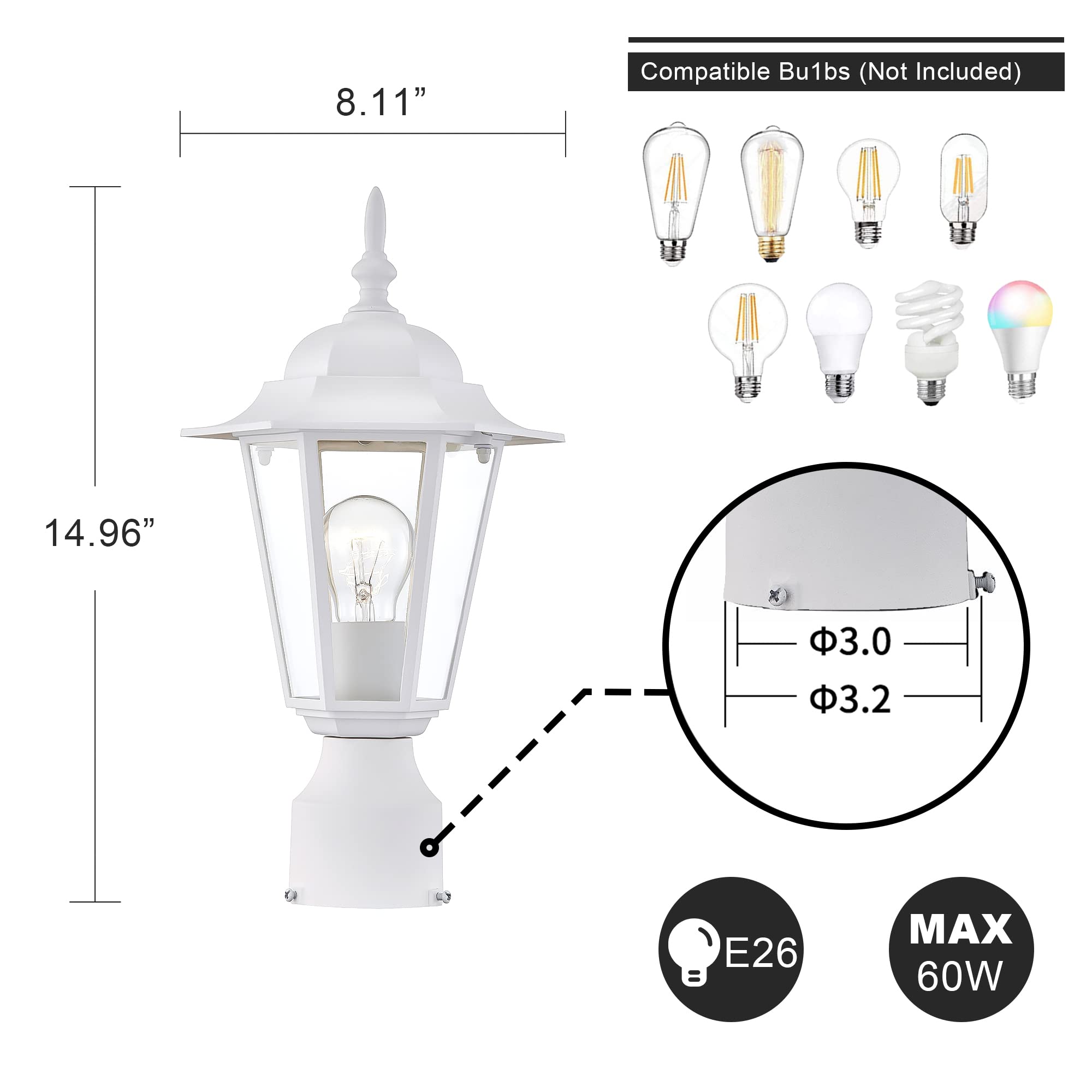 Outdoor Post Lights, Lamp Post Light Fixture with E26 Socket, White Exterior Post Lantern with Clear Glass Shade, Pillar Outside Lighting for Walkway, Driveway, Carriage, Anti-Rust & Waterproof